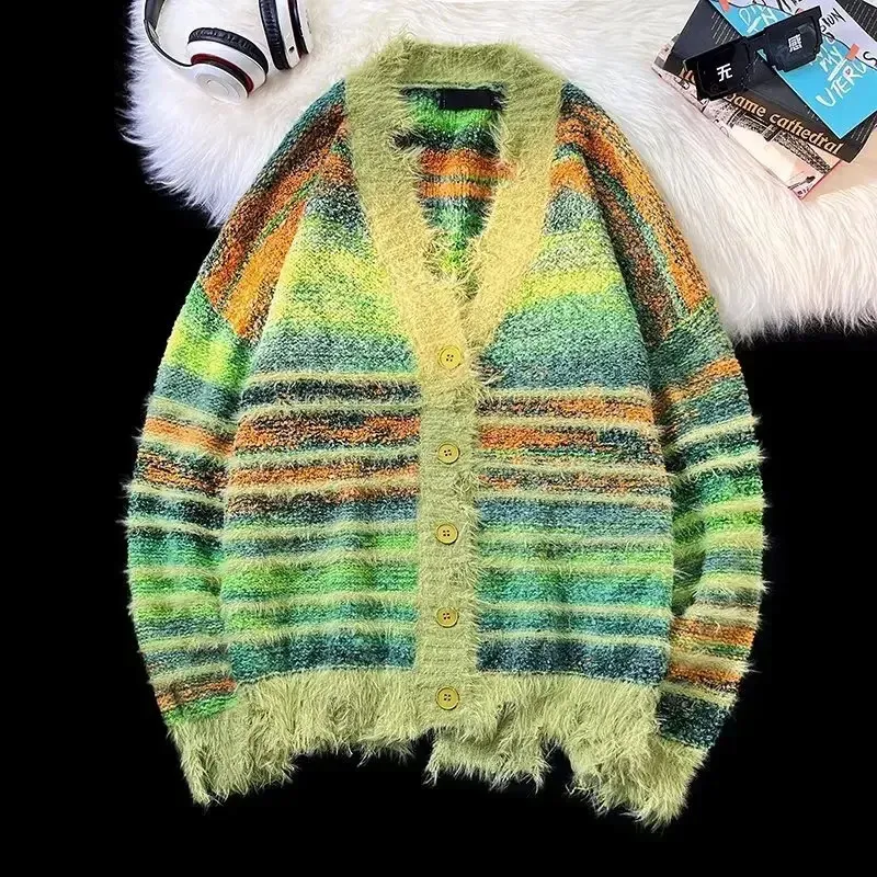 Vintage Rainbow Color Blocking Sweater Knitted Top Cardigan Loose Fit ...