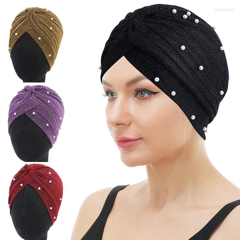 Shiny Gold Pearl Beaded Head Wrap Cap With Big Flower Scarf Women's ...