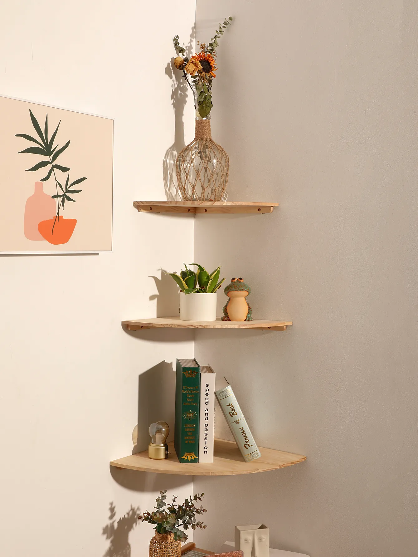 Wood Floating Corner Shelf Round End Wall Mounted for Bedroom Living Room Kitchen