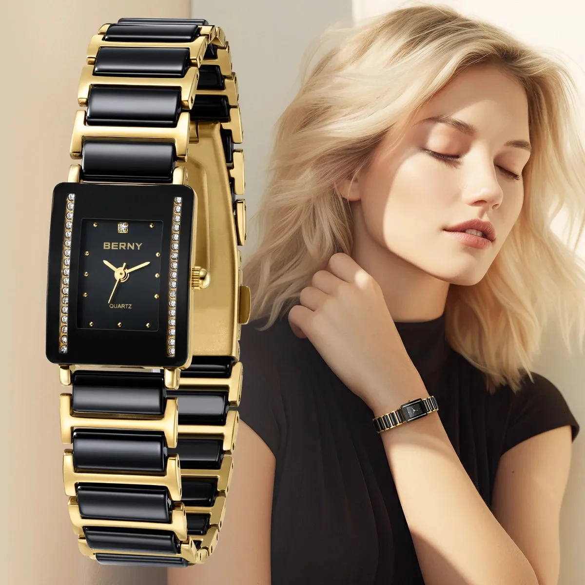 BERNY Rectangle Quartz Couple Watch Stainless Steel Bracelet Gold Tone ...