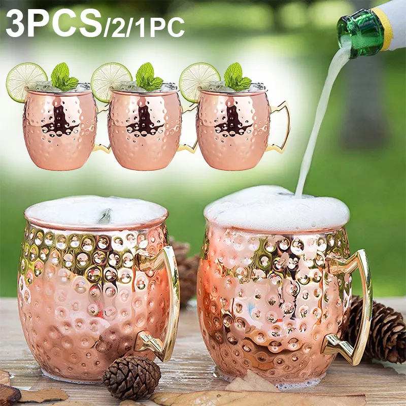 Copper Plated Moscow Mule Mug Set of 3, 550ml Hammered Moscow Mule Cup ...