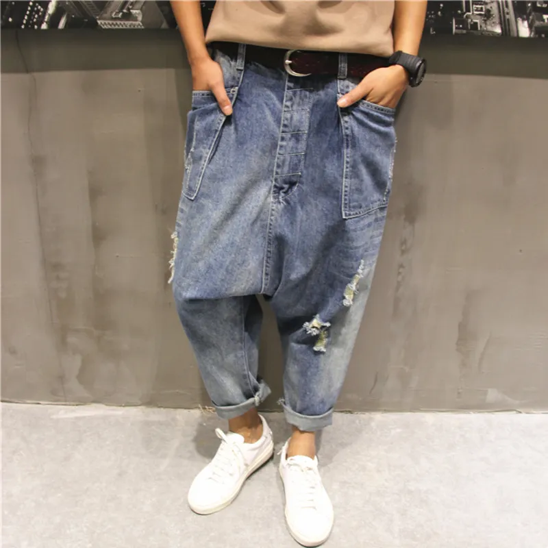 Men's Blue Denim Drop Crotch Pants - Streetwear Loose Fit Baggy ...