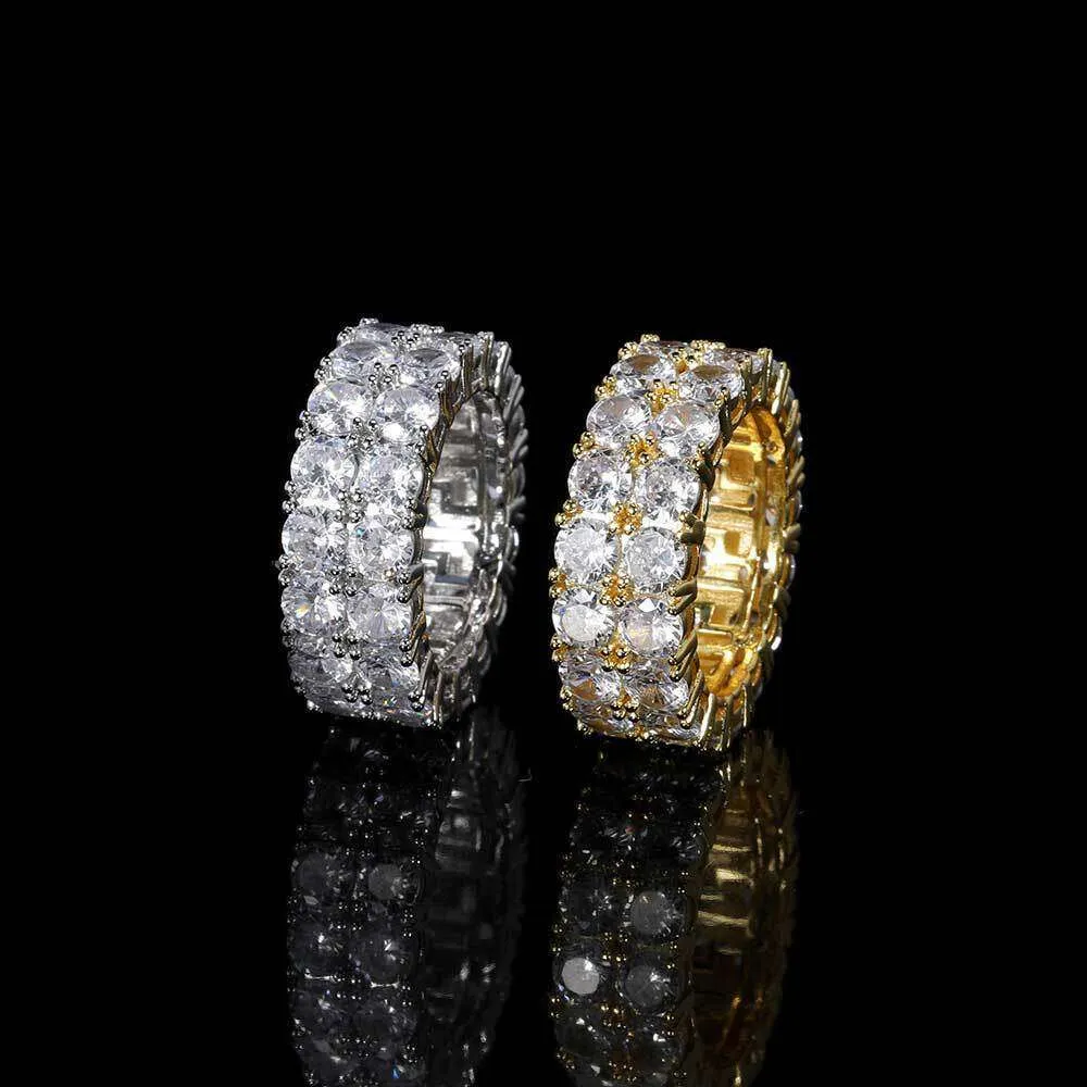 Men's hip hop ring with double row white cubic zirconia on gold-filled ...