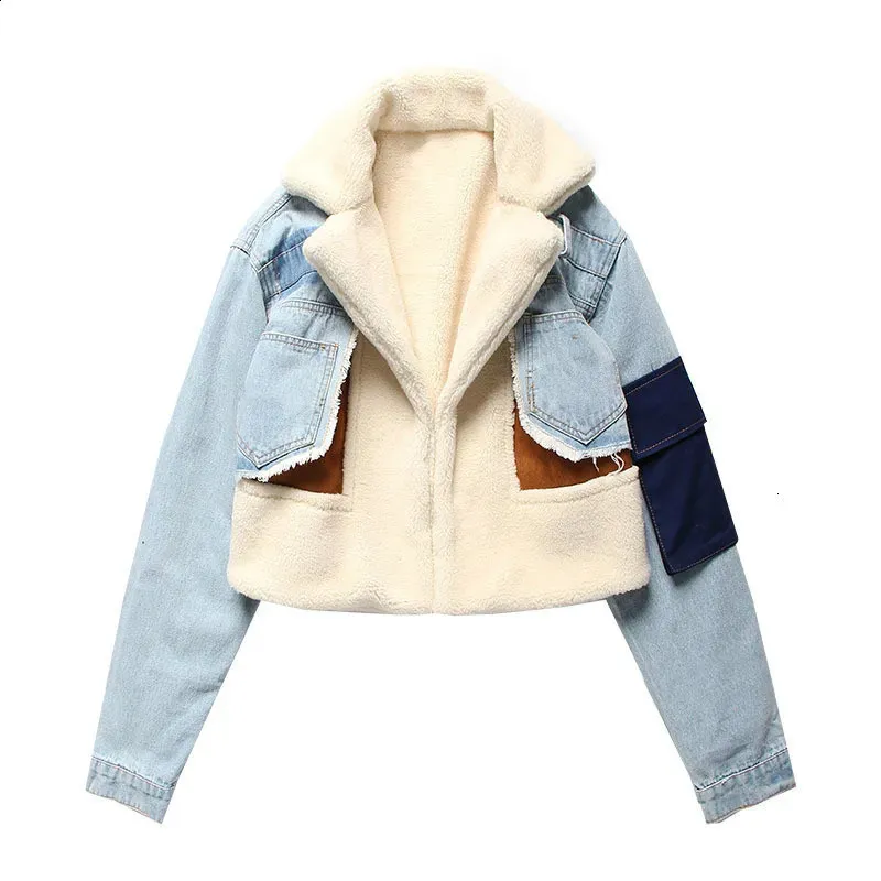 Women Padded Denim Splicing Jacket with Lambs Wool Liner Thickened ...