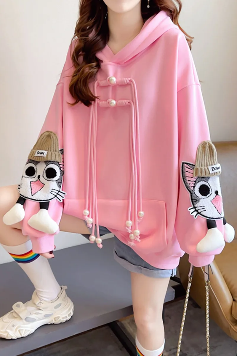 Women's Cute Cat Embroidery Hoodie - Casual Long Sleeve Sweatshirt for ...