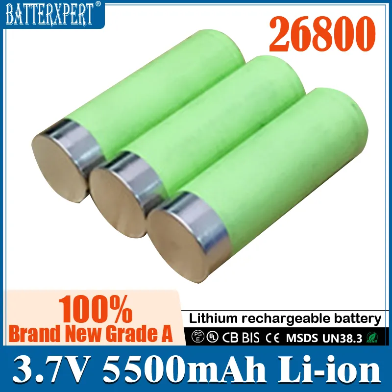 2 Pack Li Ion 3.7V 5500mAh 26800 5C Discharge 3.7 V Rechargeable ...