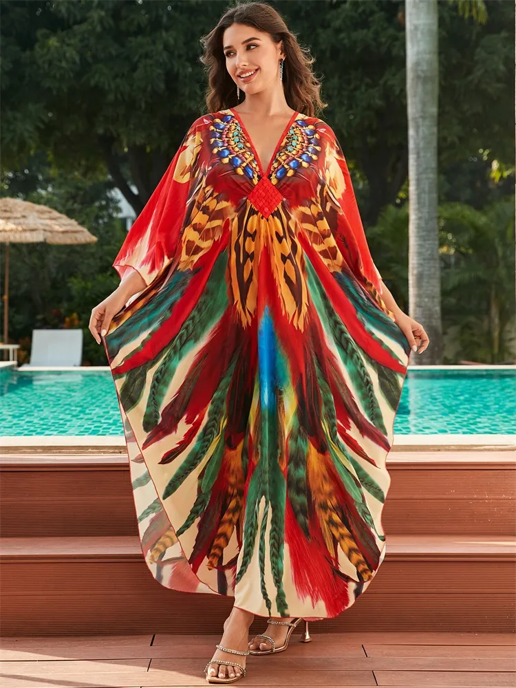 Elegant Long Sleeve Kaftan Maxi Dress - Flowy V-Neck Beach Cover-Up ...