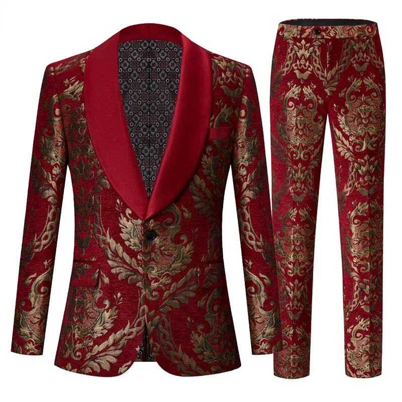 Mens Gold Floral Suit: Jacquard Red Suit With Pants, Shawl Lapel, One ...