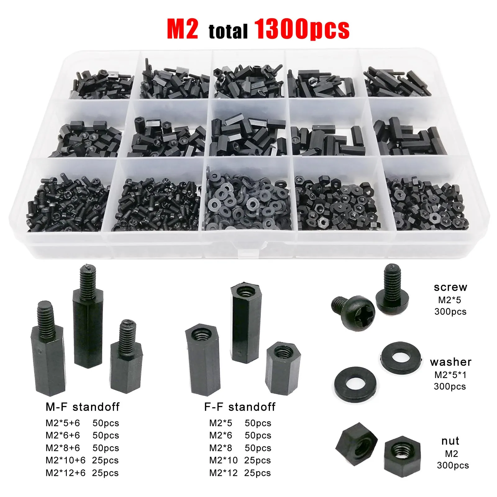 Black Nylon Hex Standoff Assortment Kit - M2-M4 - Insulated Screws ...