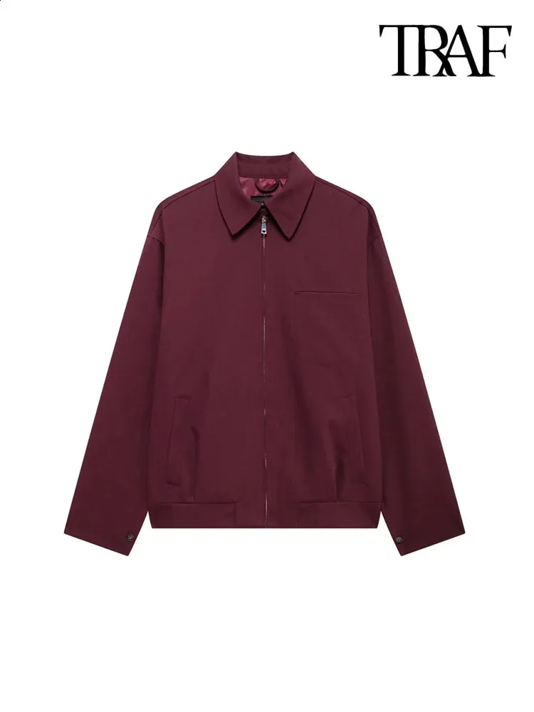 Traf Women's Loose Jacket with Zip Pockets, Long Sleeve Coat, Lapel ...