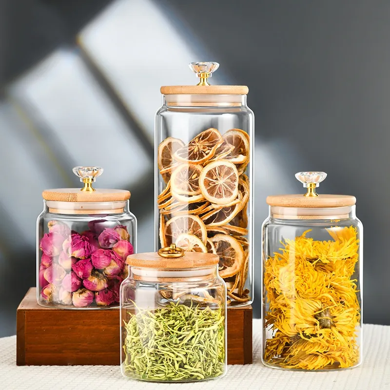 Diamond Wood Lid Glass Storage Jars: Stylish Kitchen Canisters 500/850 ...