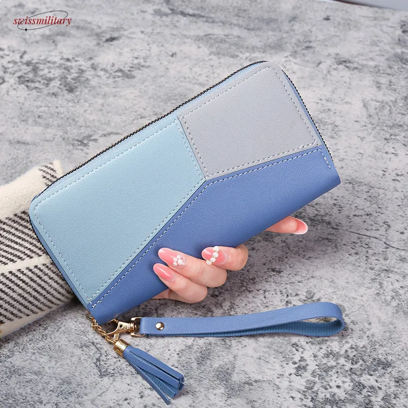 Geometric Patchwork PU Leather Women Long Zipper Wrist Clutch Wallet ...