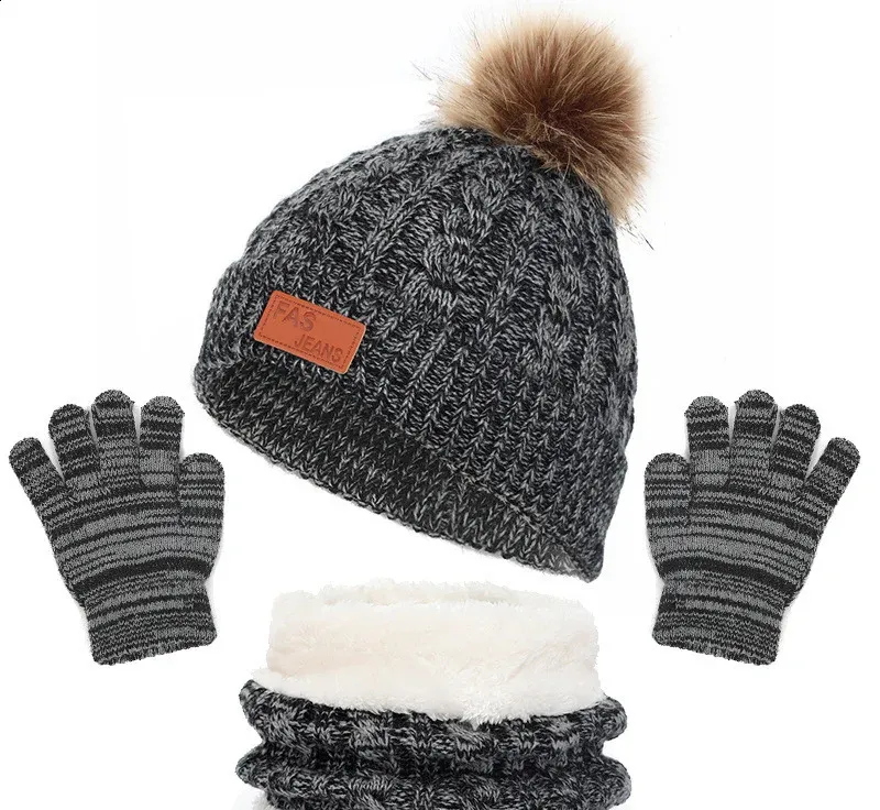 Kids Winter Warm Fleece Lined Beanie Hat Scarf Gloves Set 3 Pack ...