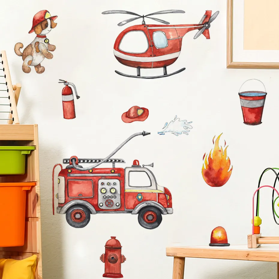 Cartoon Firefighter Car Wall Decals: Fun Fire Safety Decor for Kids ...