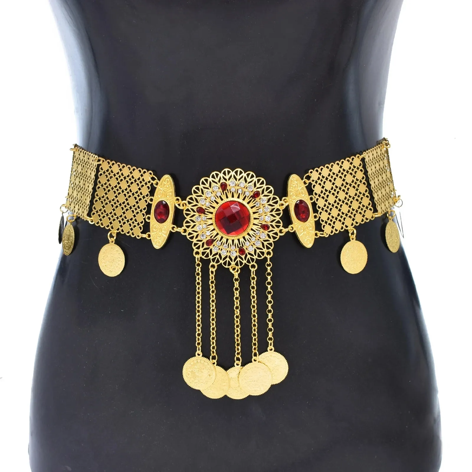 Bohemian Metal Belly Chain with Geometric Buckle and Red Crystal Flower ...