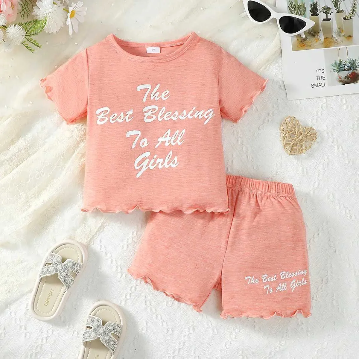 Children Short Sleeve Clothing Set Pink Sleeveless Top and Shorts for ...