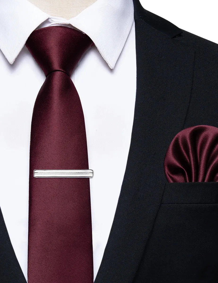 Men's Burgundy Silk Tie & Pocket Square Set - Slim Necktie with Clip ...