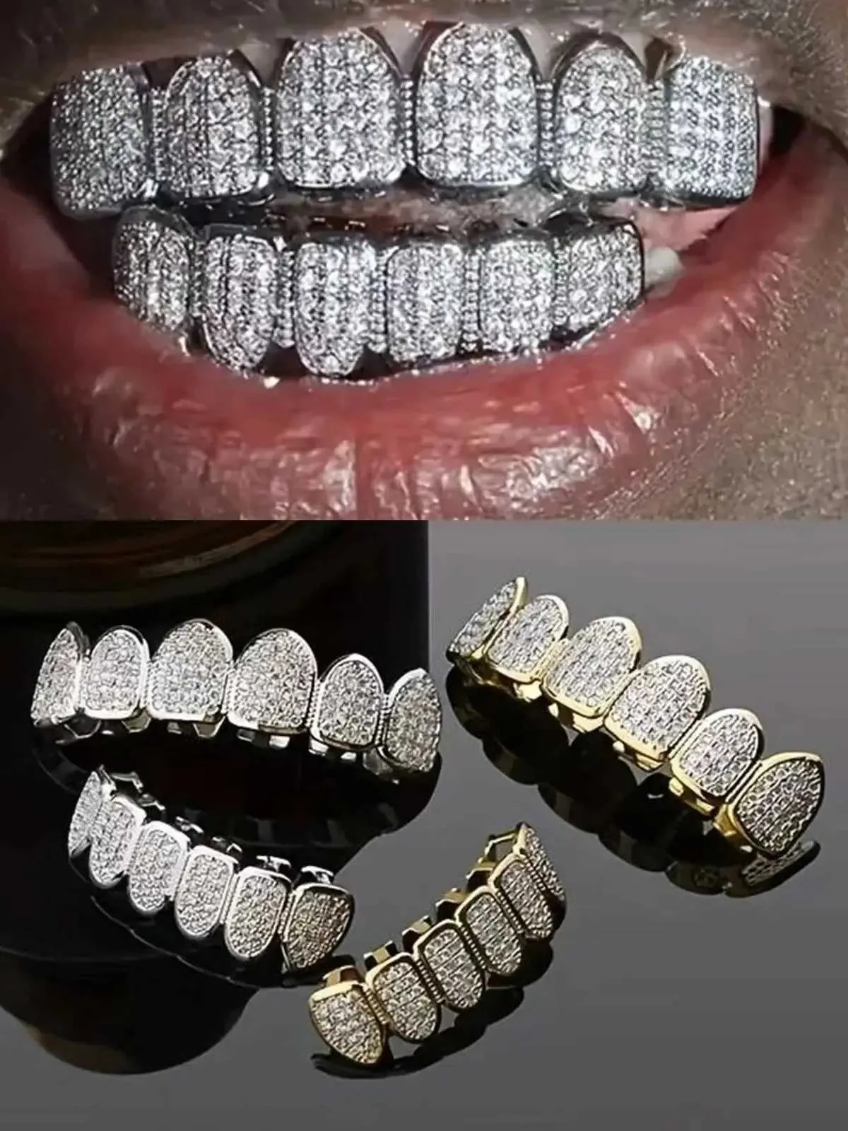 Hip Hop Teeth Grillz with Cubic Zirconia Stones Gold Silver Color ...