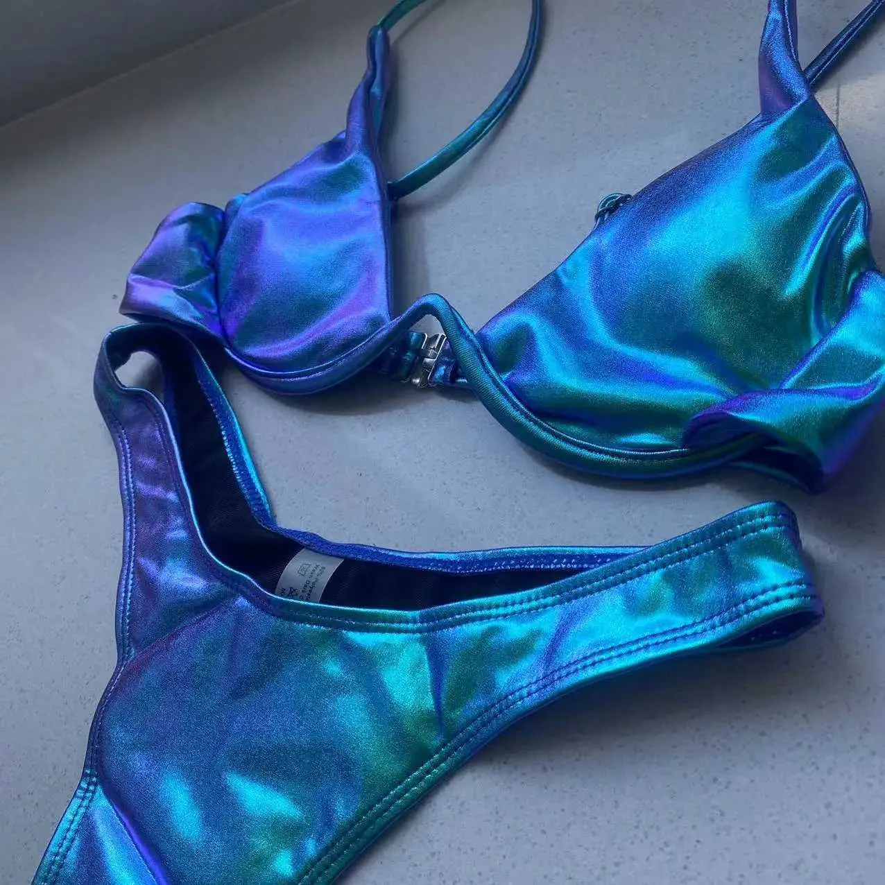 Triangle Swimsuits: Holographic Blue Push Up Thong Bikini, Extreme ...
