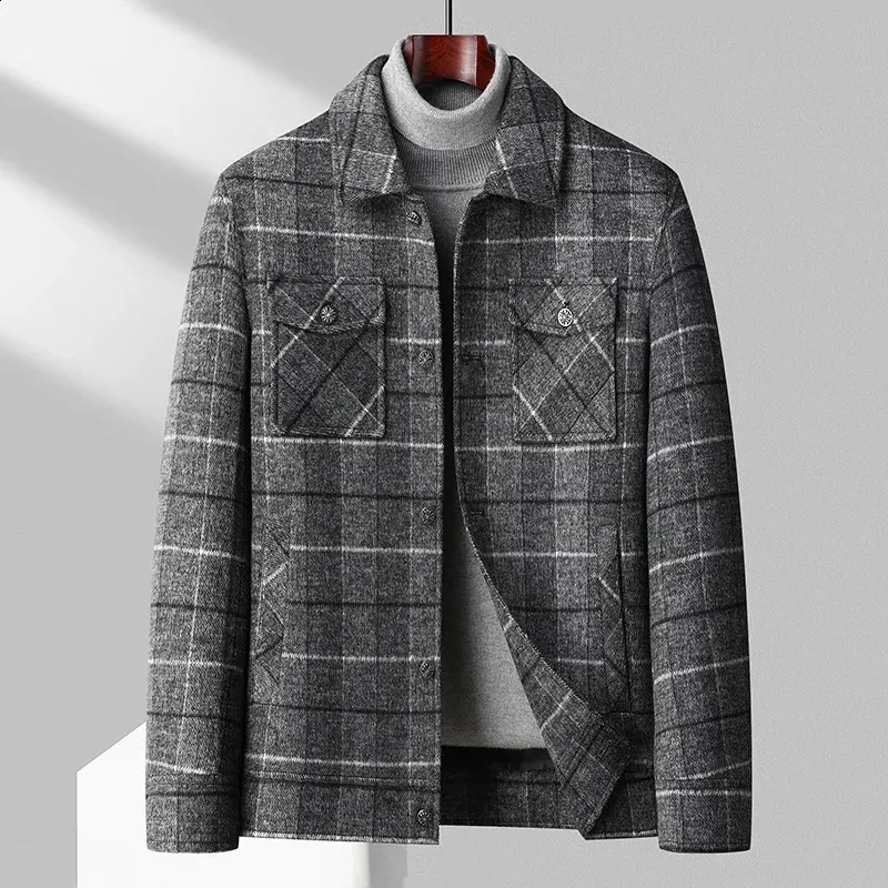 Mens Grey Plaid Woolen Parkas Jackets Hooded Slim Fit Winter Wool Coats ...