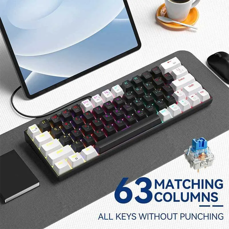 Backlit Keyboard Wired Mechanical 63 Key Compact Design With Russian ...
