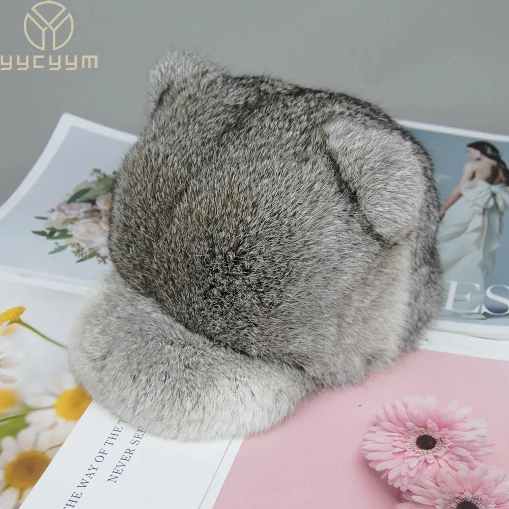 Rabbit Fur Winter Hat With Tail Women's Warm Genuine Animal Fur Cap ...