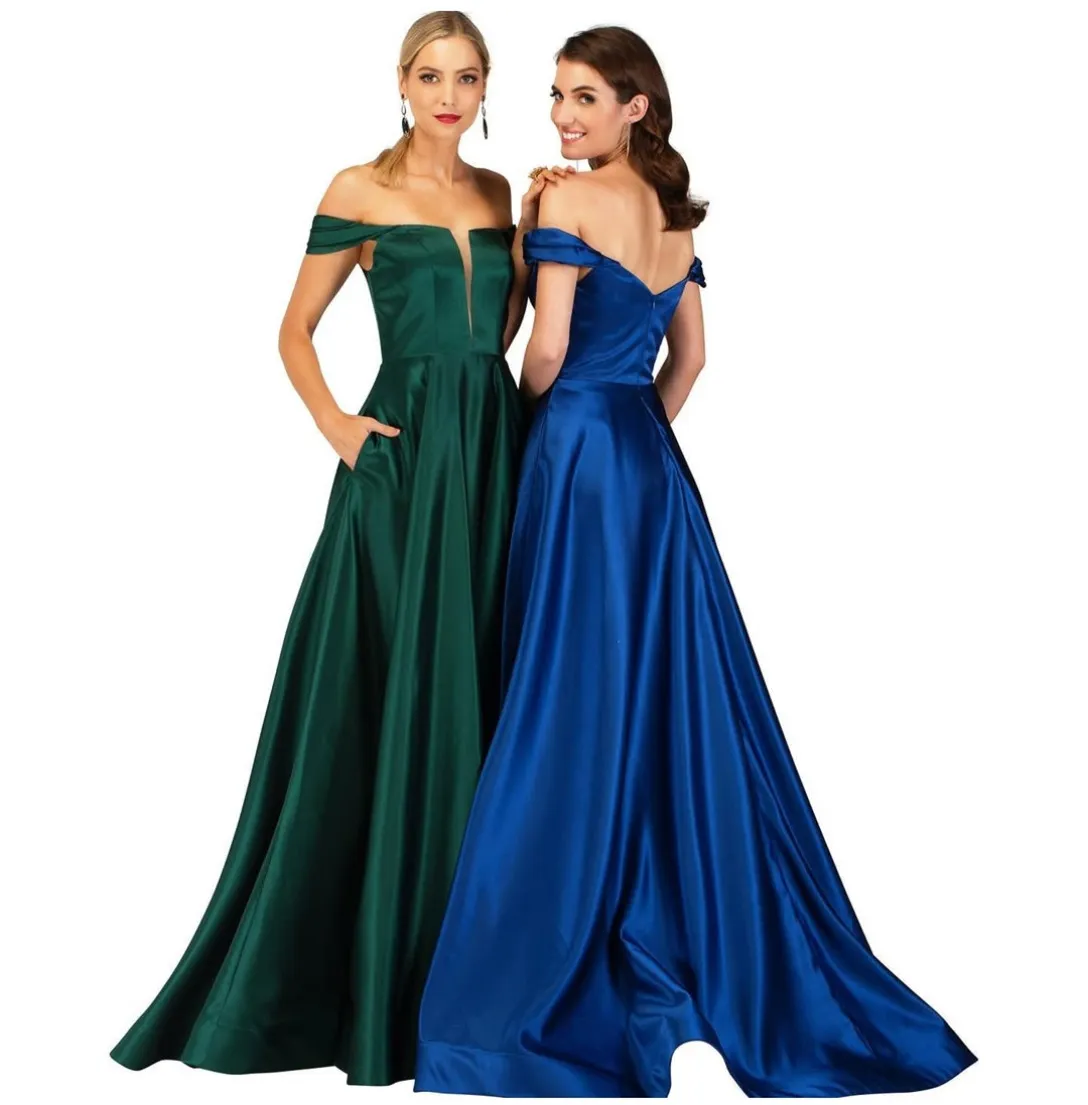 Green Satin A Line Long Corset Prom Dress With Pockets Classic Royal ...
