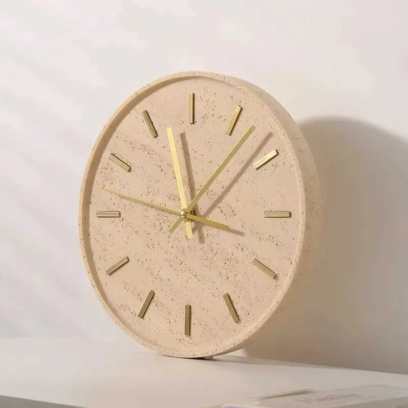 Beige Travertine Modern Wall Clock with Gold Metal Pointers ...