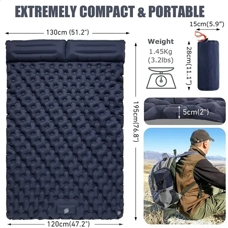 Self-Inflating Double Camping Sleeping Pad with Pillow - Lightweight ...