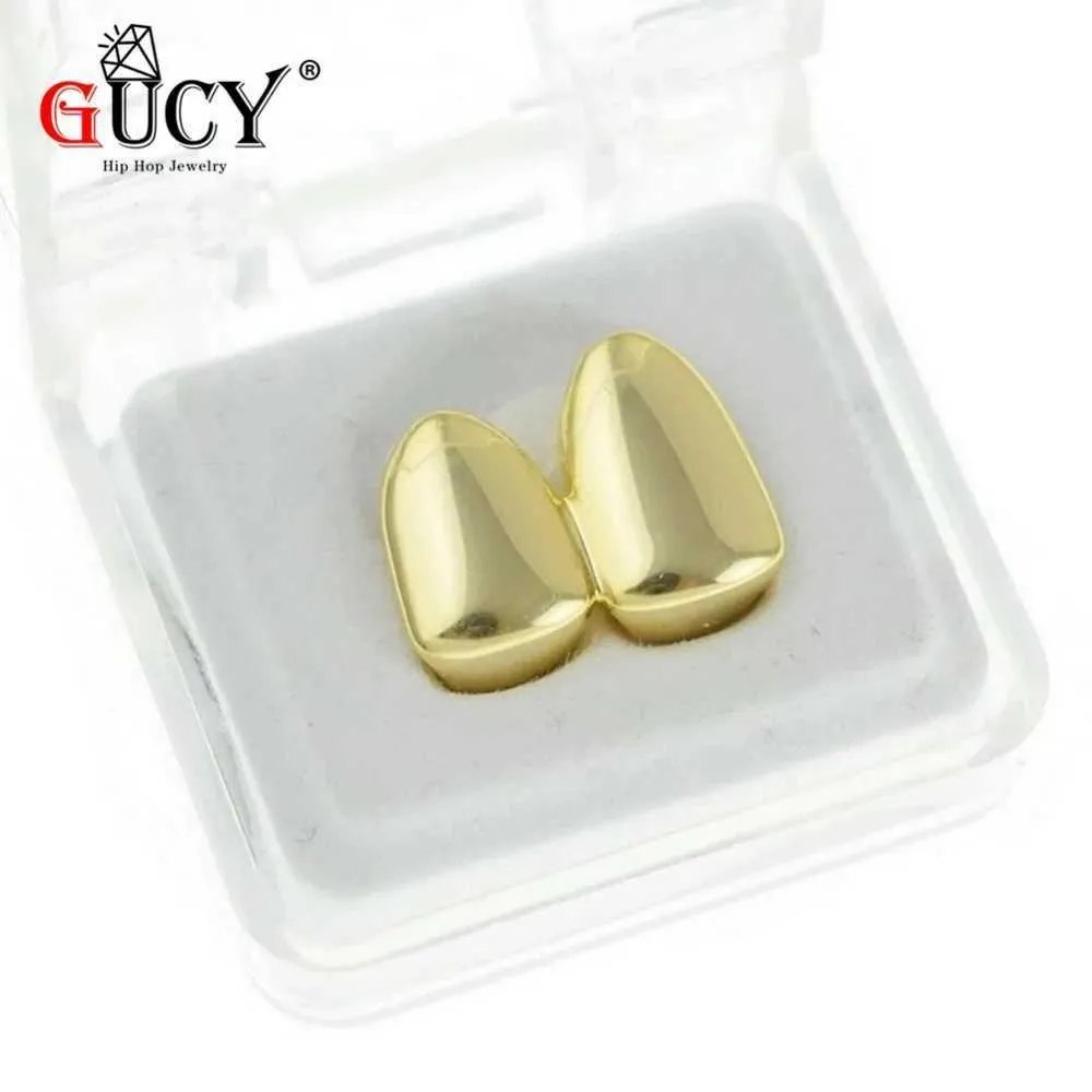 GUCY Double Cs Gold Galvanized Teeth Grillz Canine Regular Double Teeth ...