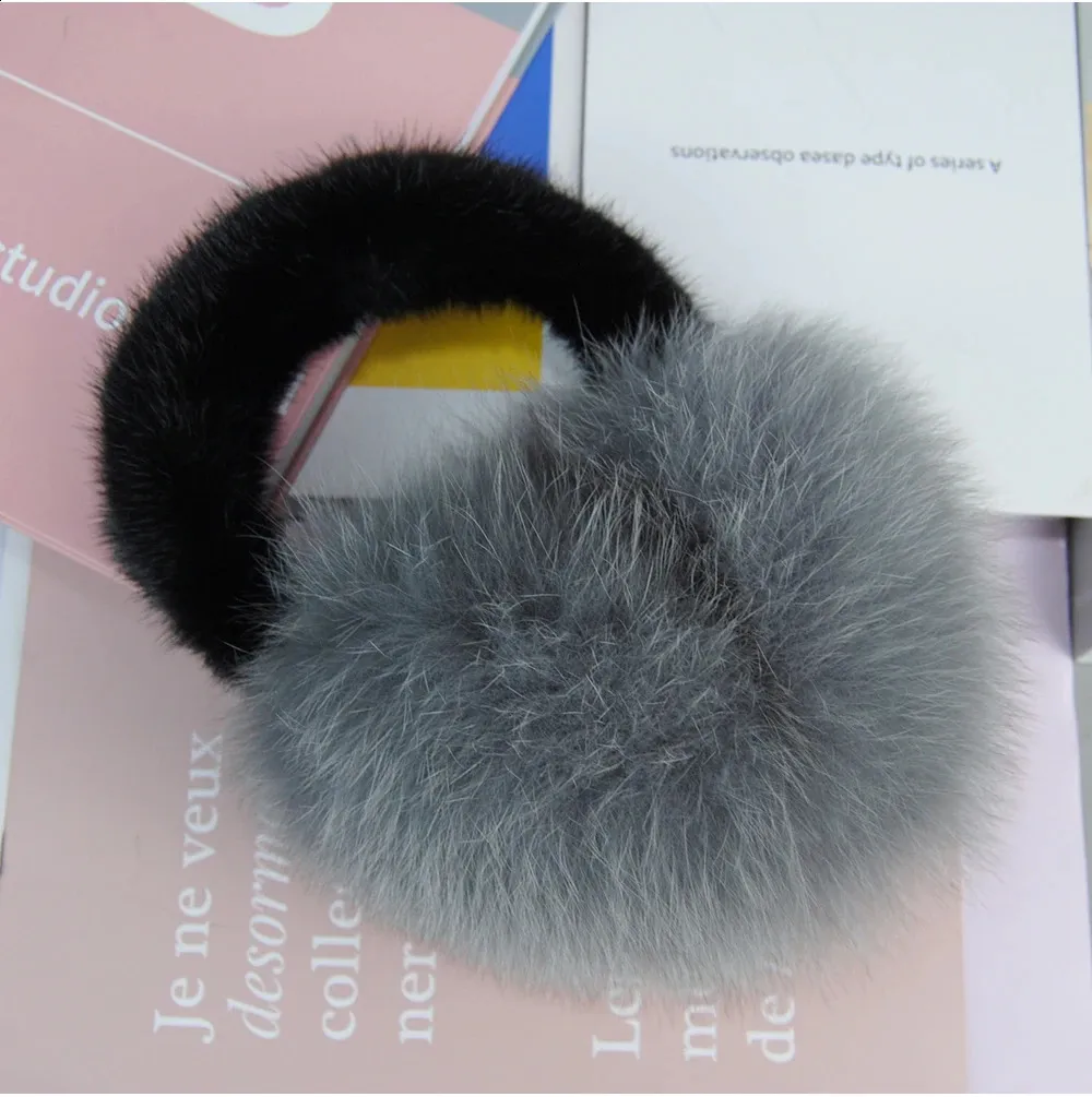 Natural Fox Fur Winter Earmuffs with Real Mink Fur Earlaps, Silk Lining ...