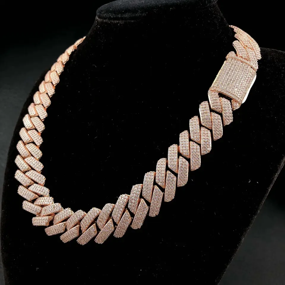 Rose Gold Plated Cuban Link Chain Necklace With Moissanite Accents Iced ...