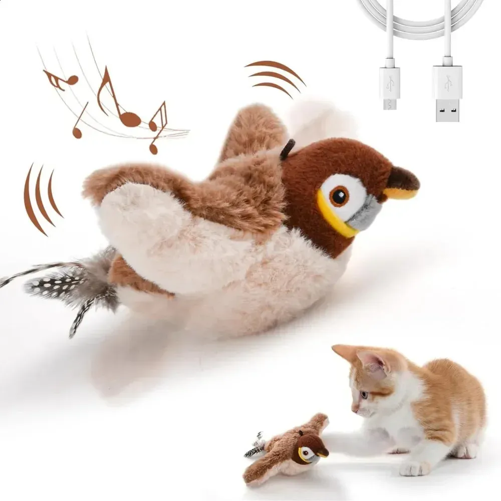 Rechargeable Chirping Flapping Bird Cat Toy - Plush, Touch Activated ...