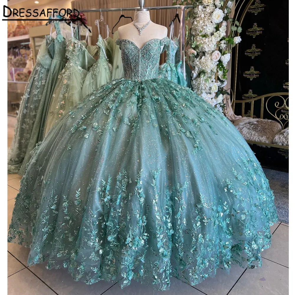 2025 Beaded Applique Sequin Princess Ball Gown Quinceanera Green ...