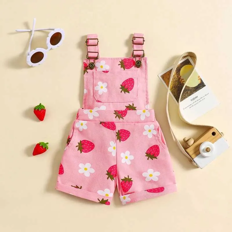Flower Strawberry Print Denim Girls Overalls For Little Girls With ...