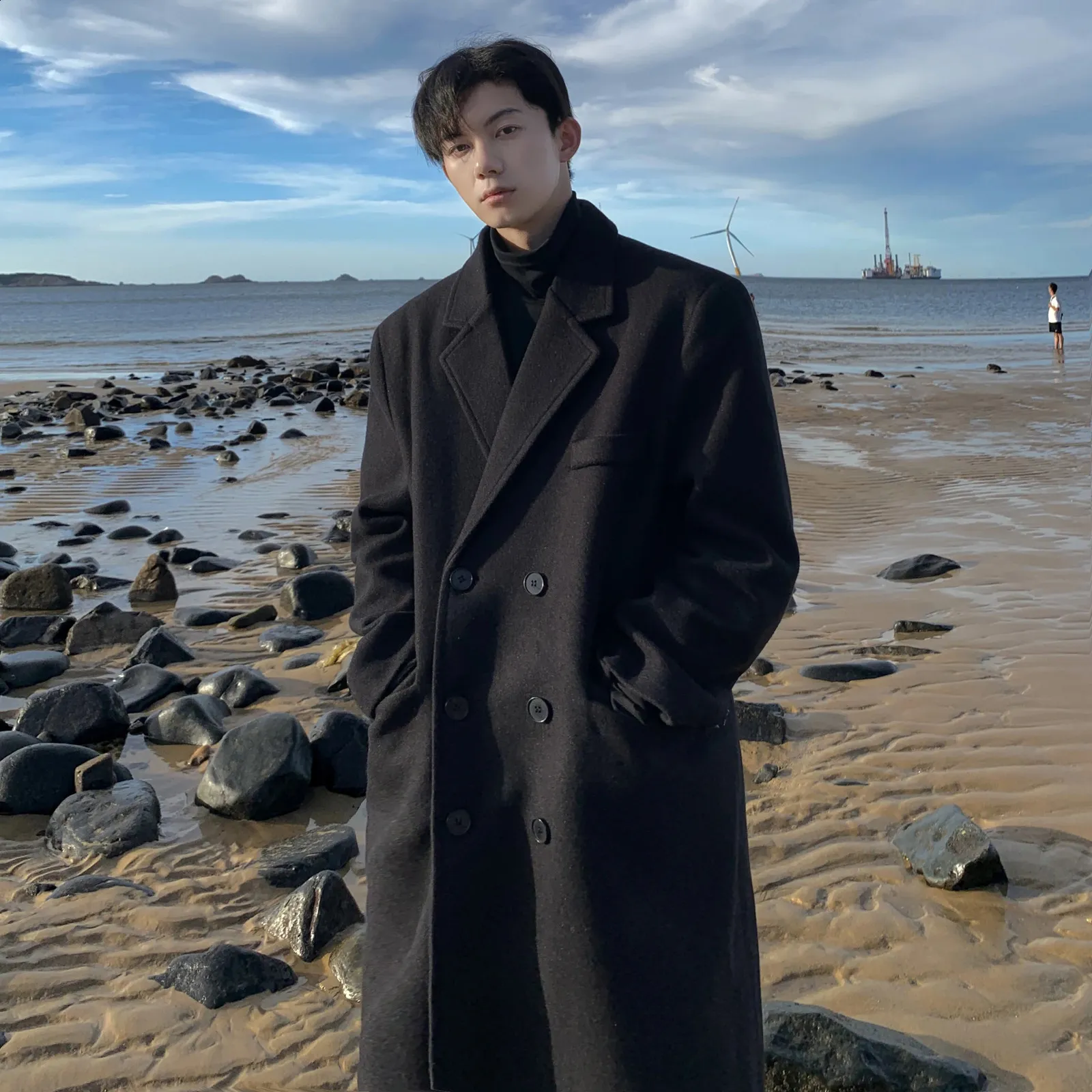 Men's Winter Long Double Breasted Wool TAT Trench Coat with Hood Korean ...
