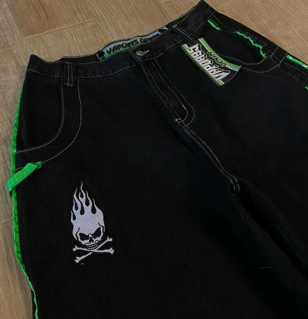 Men's hip hop jeans wide leg washed skull print non-woven fabric spring ...