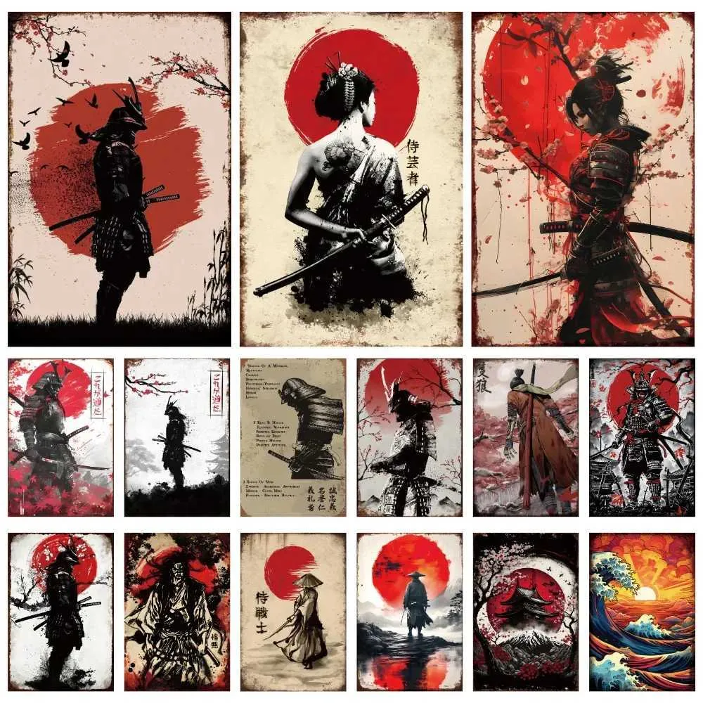 Japanese Hand Painted Plates Vintage Metal Samurai Art Retro Tin Sign ...