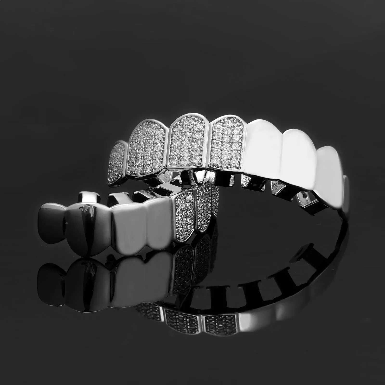Teeth Grillz: Half Mirror Zircon Iced Out Top & Bottom Grill Set Hip ...