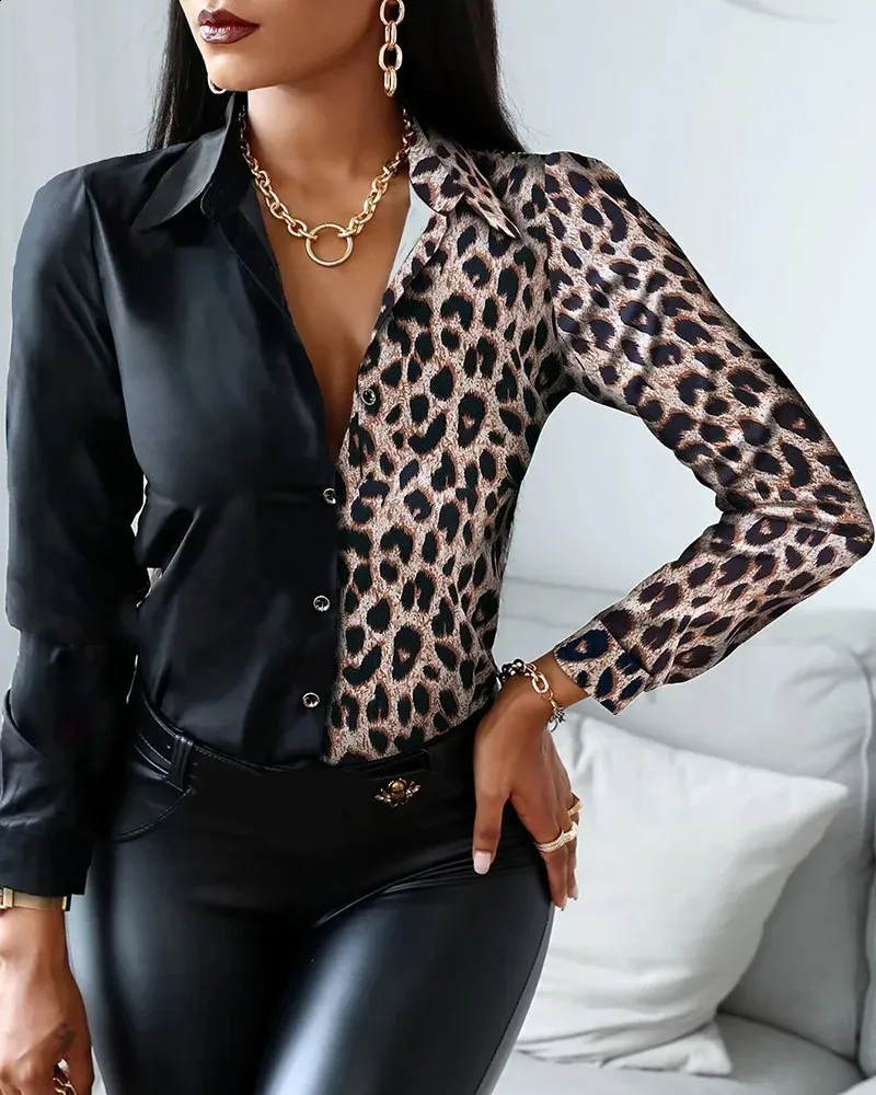 Women long sleeve collar shirt acetate square print turn-down collar ...