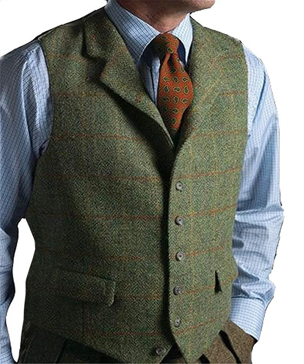 Mens Tweed Wool Waistcoat Slim Fit Green Plaid Herringbone Vest With ...