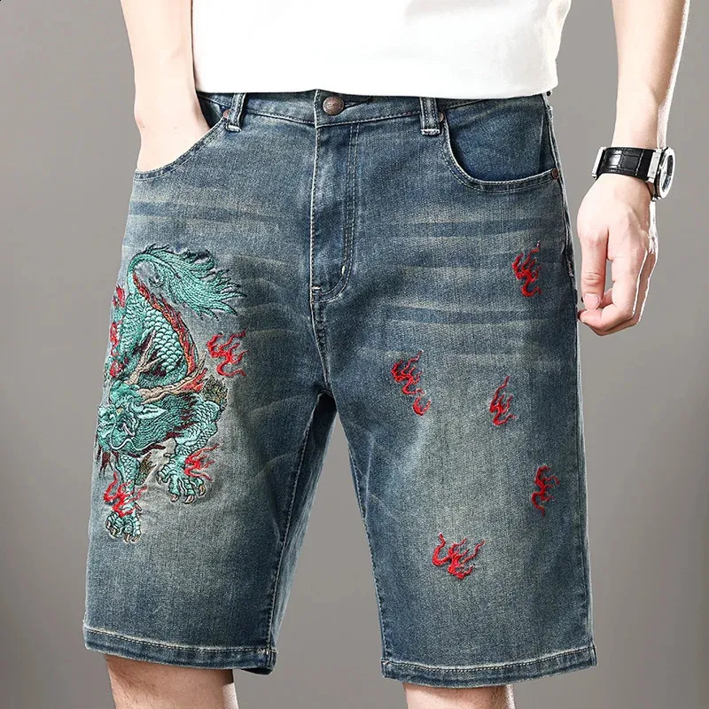 High End Chinese Dragon Embroidered Mens Denim Shorts Long For Men ...