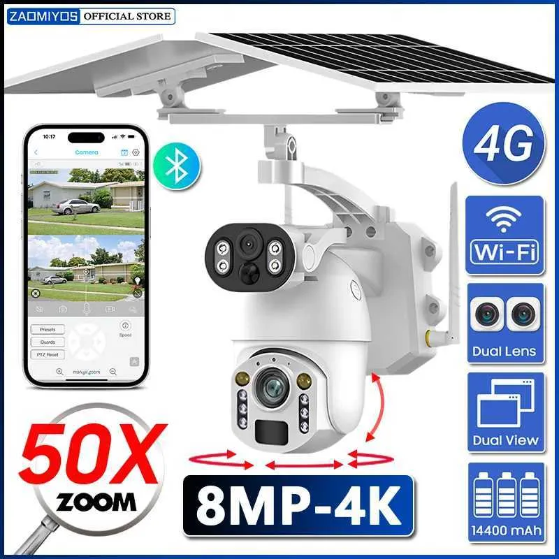 4G SIM Card 4K 50X Optical Zoom Solar Camera Outdoor WiFi 8MP Dual Lens ...