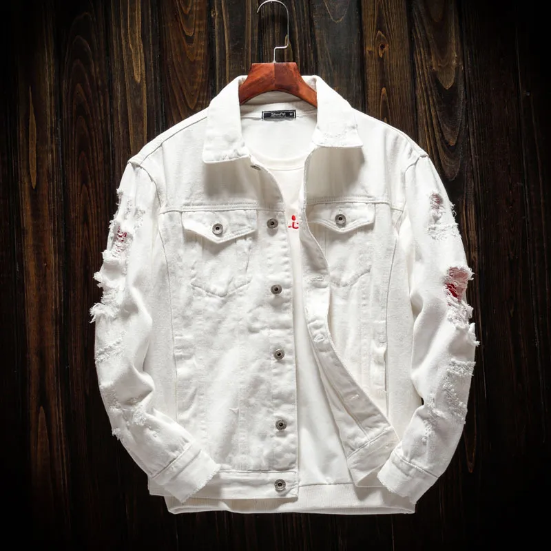 Distressed Denim Jacket - White Ripped - 4XL - Casual Streetwear for ...