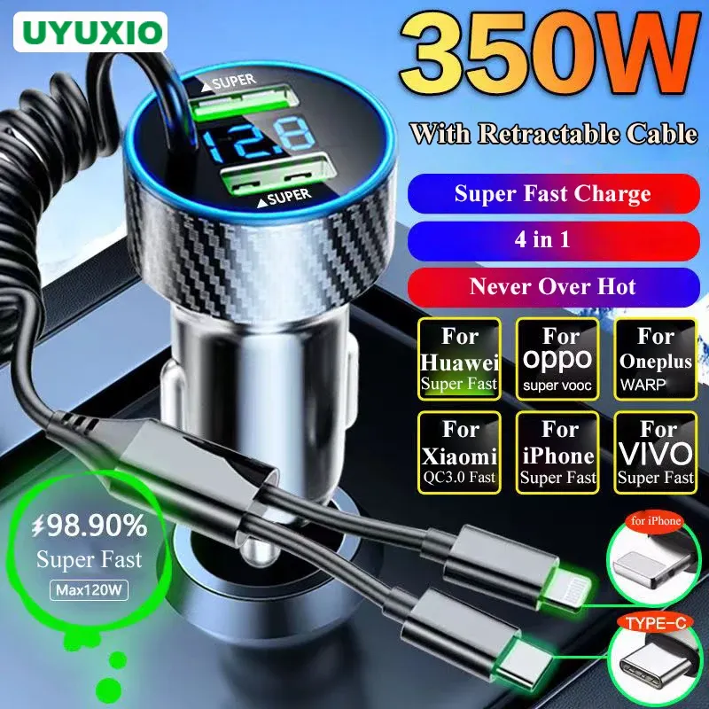 USB Car Phone Charger Adapter with Retractable Cable, LED Voltage ...