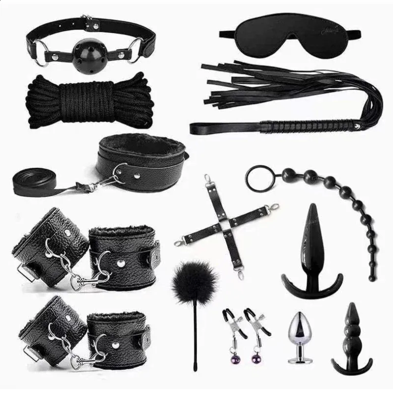 Sm Sex Set Leather Handcuffs Foot Cuffs Whip Rope Eye Mask Blindfold