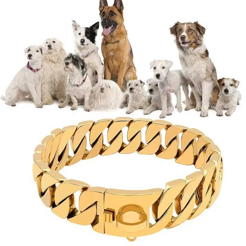 Golden Stainless Steel Dog Collar Heavy Duty Pet Chain Necklace with ...