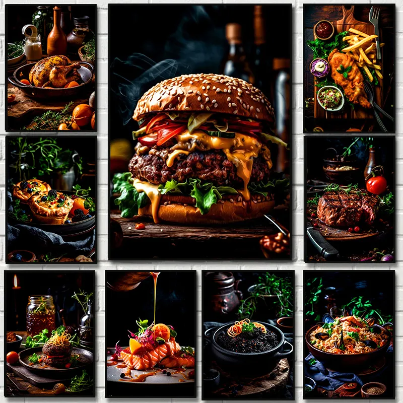 Restaurant Wall Art: Hamburger, Steak, Fries & Dessert Canvas Prints ...