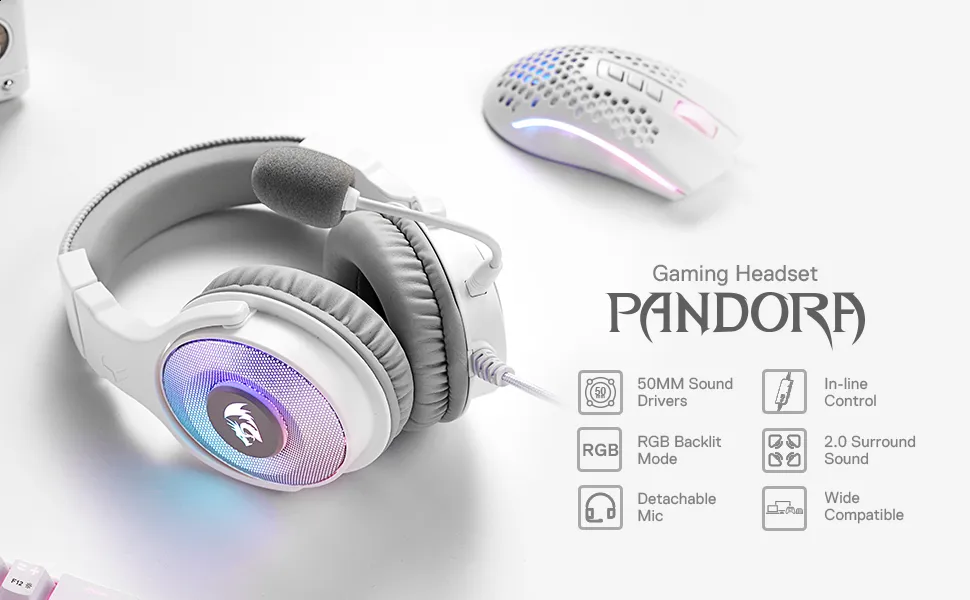 Redragon H350 White Wired Gaming Headset Dynamic RGB Backlight Stereo ...