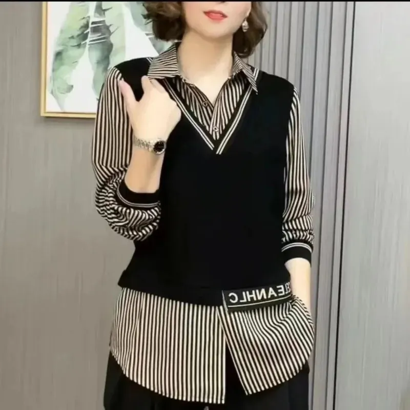 Spring and Autumn Womens Pullover Polo Neckline Stripe Loose Fit Long ...